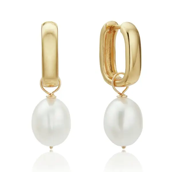 LILY & ROO Thick Squared Hoop Pearl Drop Earrings - Gold