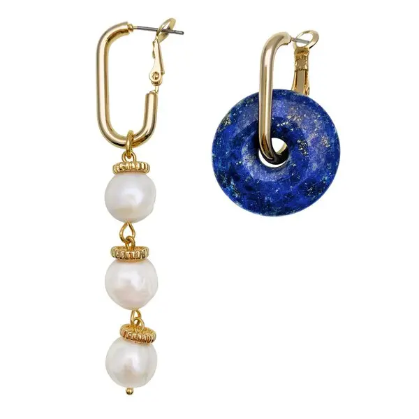 FARRA Asymmetric Lapis Lazuli And Freshwater Pearl Clip On Earrings - Yellow