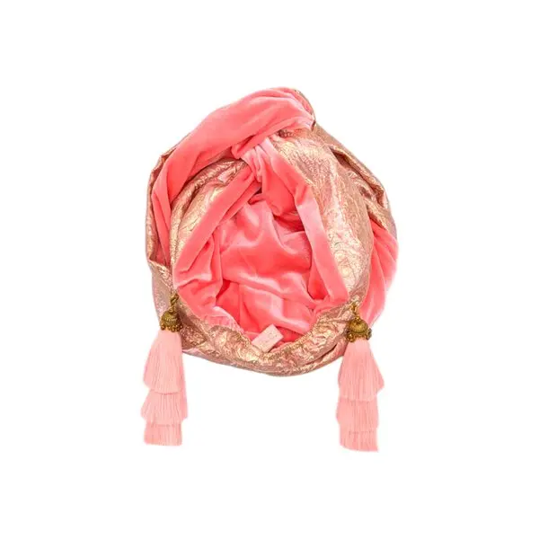 JULIA CLANCEY Golden Brocade And Coral Velour Turban - Orange