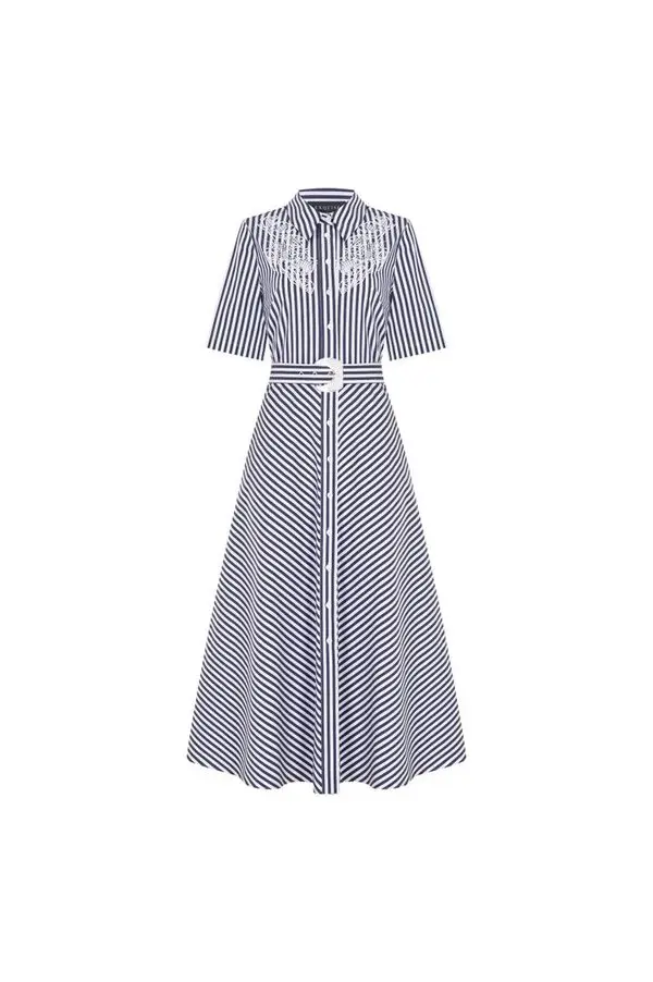 EXQUISE Striped A-line Shirt Dress With Embroidered Details And Belt