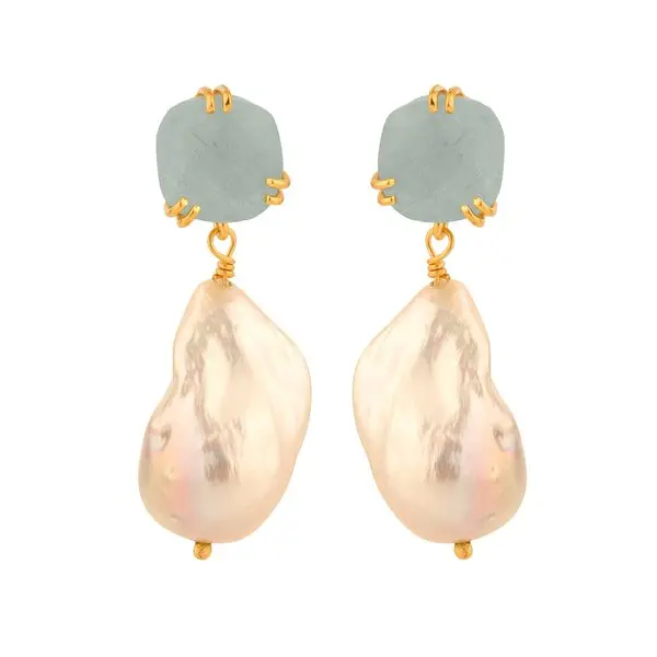 GEM BAZAAR JEWELLERY Baroque Pearl And Aquamarine Drop Earrings - White/gold/blue