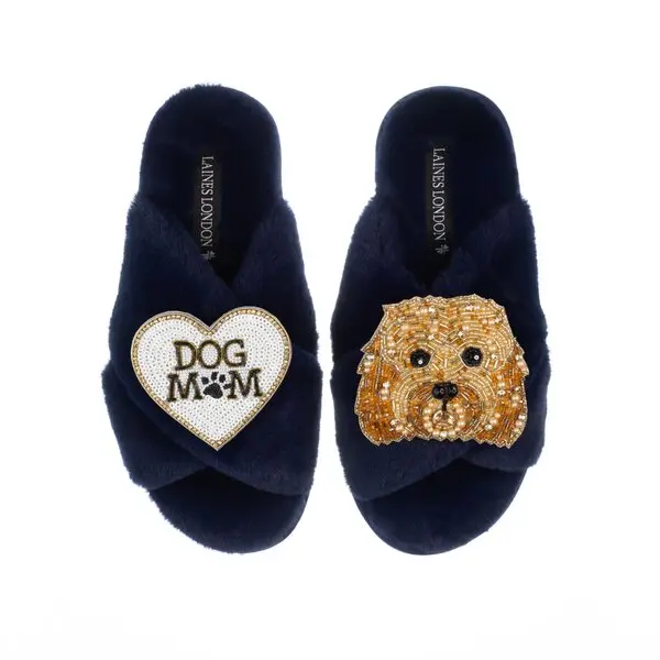 LAINES LONDON Classic Slippers With Brooches - Blue