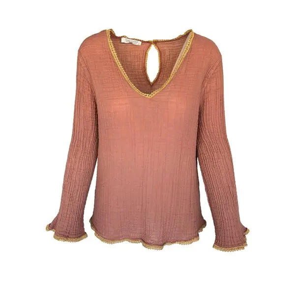 Haris Cotton Textured Cotton V-neck Top With Gold Trim