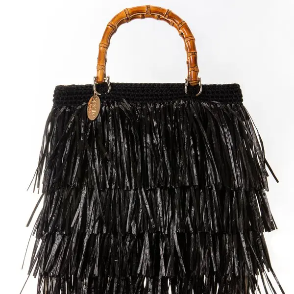 SPEIRA Raffia Tote Bag With Bamboo Handles And Fringes - Black