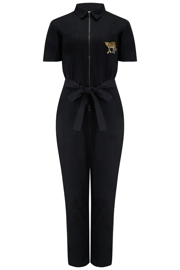 SUGARHILL BRIGHTON Tailored Boilersuit With Leopard Pocket - Black