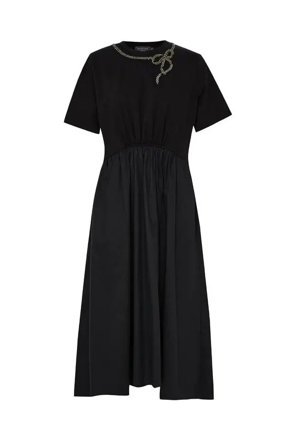 EXQUISE Regular Embroidered Collar Cotton Midi Dress