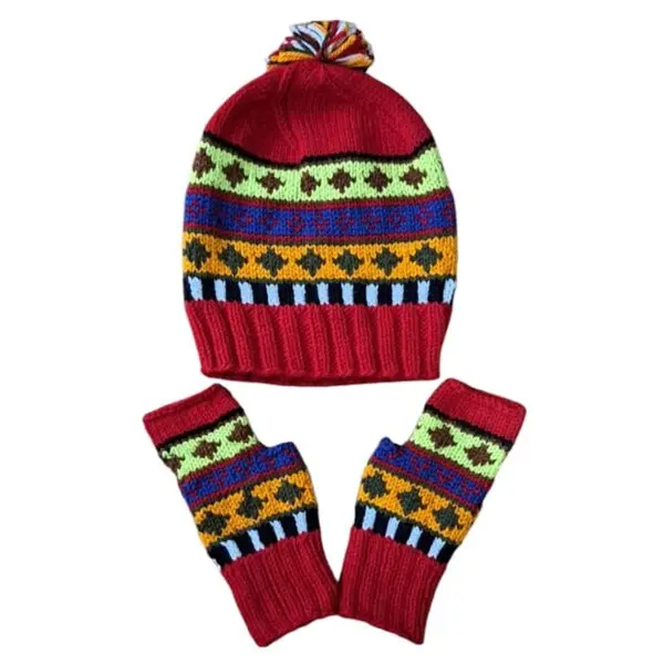 SPRINGMOONATELIER Handcrafted Wool Hat And Fingerless Gloves Set - Red