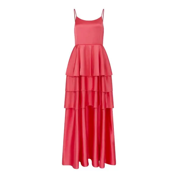 SOUR FIGS Tiered Ruffled Satin Maxi Dress - Pink