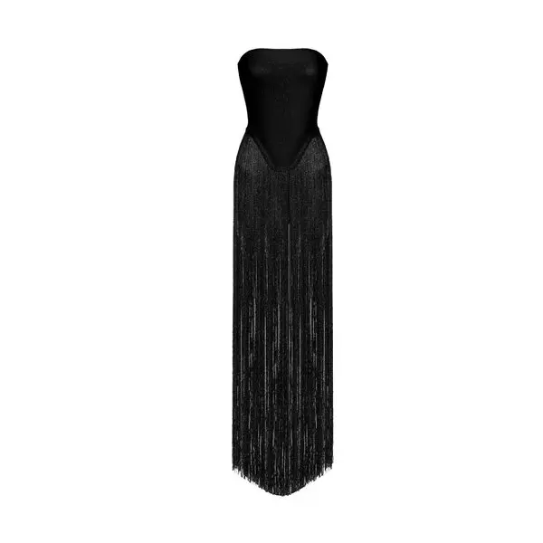 DECOLET THE LABEL Strapless Fringe Bodysuit Dress - Black