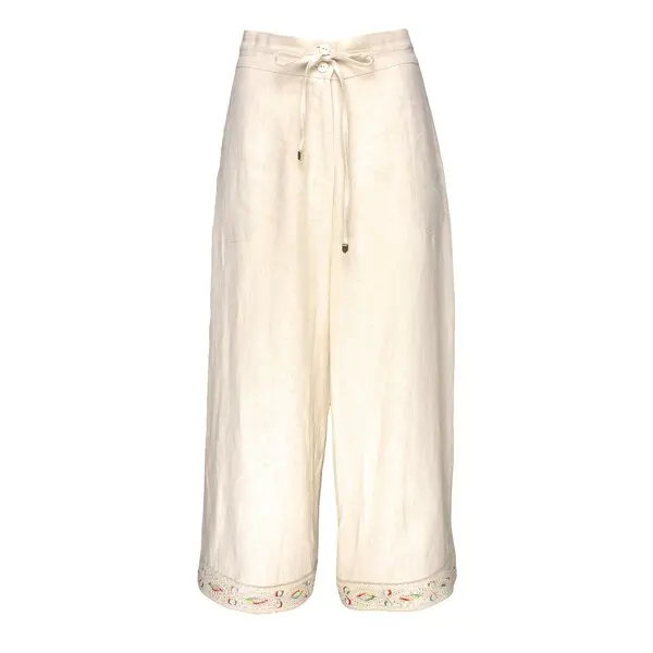 LALIPOP DESIGN Cropped Linen Pants With Sequin-embellished Hem - Beige