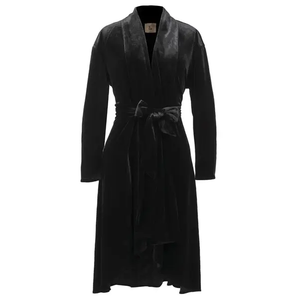 SMART AND JOY Wrap Velvet Dress With Ruffle Hem - Black
