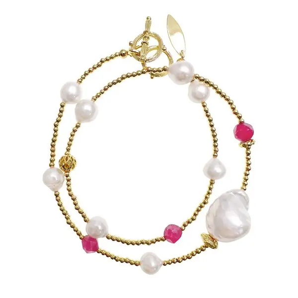 FARRA Baroque Pearl And Rhodochrosite Gemstone Bracelet - Orange