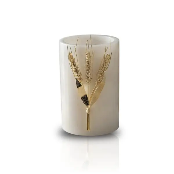MARLETH Gold / White Large White Marble Vase With Gold Wheat Motif – Hand-carved Stone Vase - Gold/white