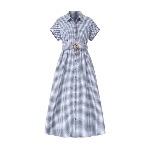 YUMI Gingham Relaxed Shirt Dress With Matching Belt - Black