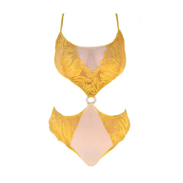 CAROL COELHO Sun Coral Lace & Stretch Tulle Bodysuit With Mother Of Pearl Ring - Orange