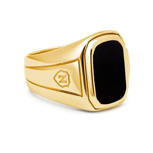 NIALAYA JEWELRY Gold Plated Stainless Steel Signet Ring With Onyx And Embossed Logo - Gold/black