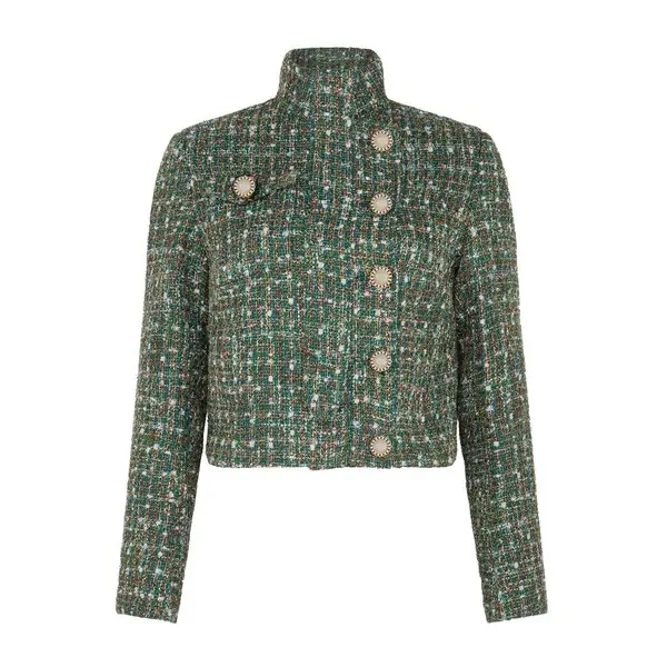 SOUR FIGS Emerald Green Metallic Thread Bouclé Tweed Cropped Jacket