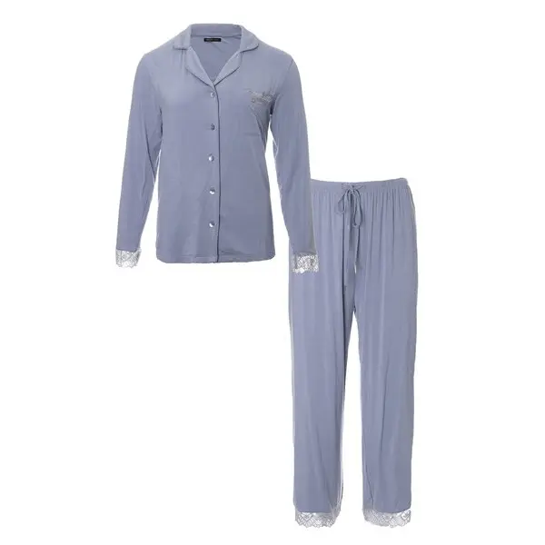 PRETTY YOU Bamboo Lace Pyjama Set In Mist - Blue
