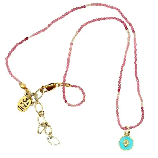 AMY DELSON JEWELRY Tourmaline Hamsa Medallion Necklace - Pink/gold/blue