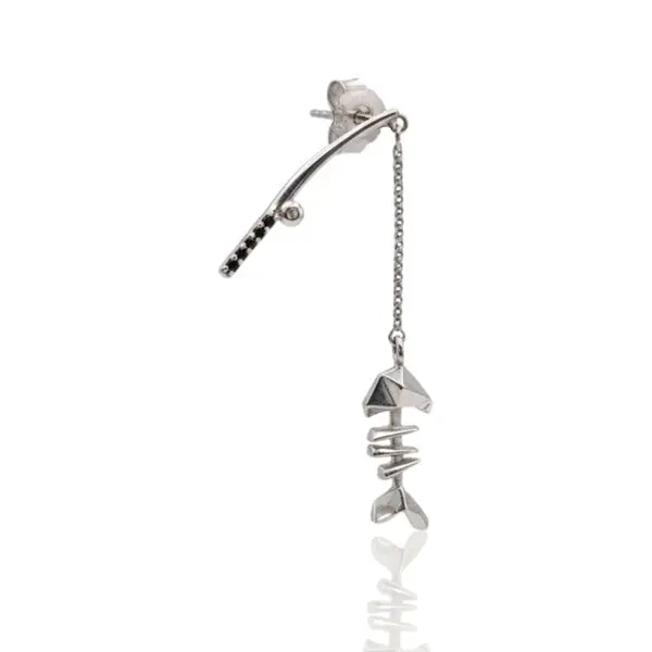 FRENVYRN Mars Sterling Fish Bone Drop Earring With Sapphires And Smoky Quartz - Silver