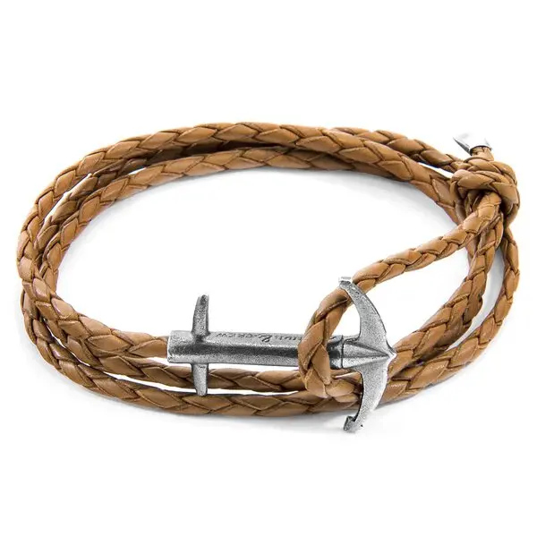 ANCHOR & CREW Braided Leather Bracelet With Sterling Silver Anchor - Brown/silver