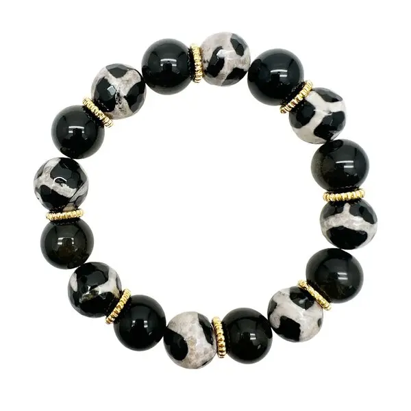 FARRA Dzi Agate Bead Bracelet - Black/white