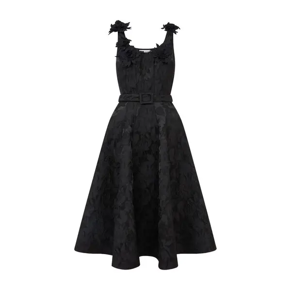 SOUR FIGS Floral Jacquard Fit And Flare Midi Dress - Black