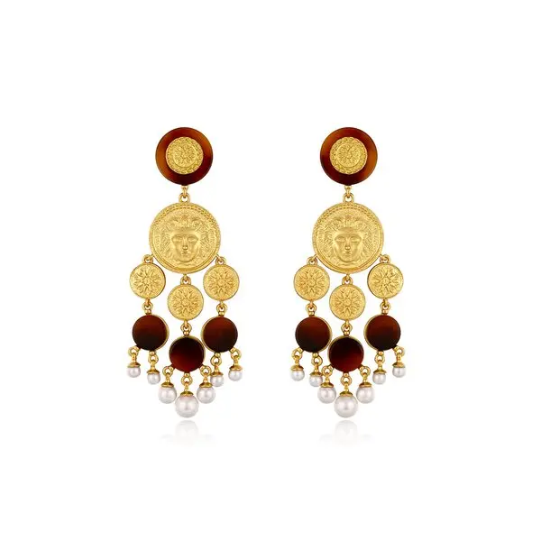 RETRO CHIC Gold Plated Brass Coin And Pearl Chandelier Earrings - Gold/brown/white