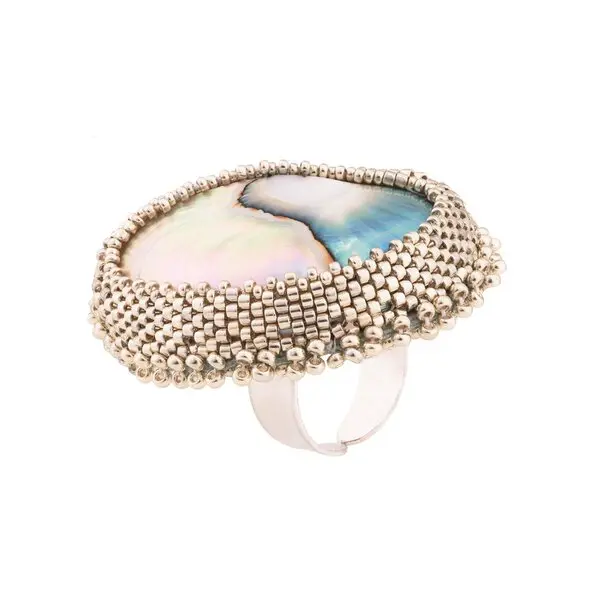 OANASAVU.CREATIONS Silver Beaded Nautilus Shell Ring - Silver/blue