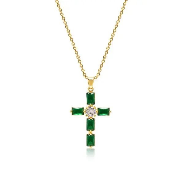 NIALAYA JEWELRY Green Cz Cross -plated Necklace - Gold