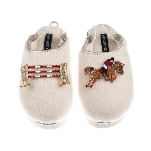 LAINES LONDON Flatform Slippers With Show Jump Horse Brooches - Gold/white