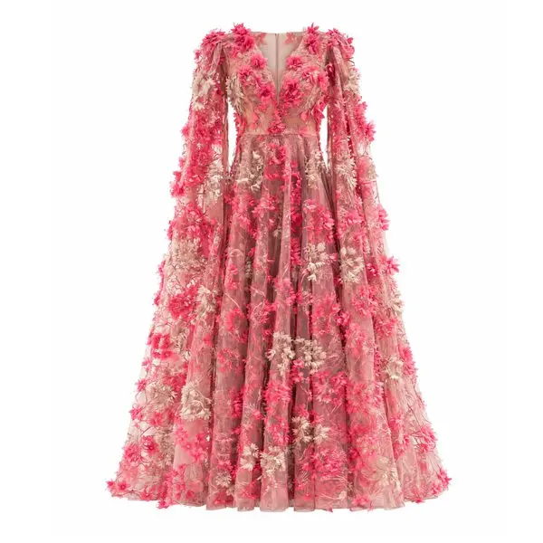 MATSOUR'I Hortensia Floral Appliqué Midi Dress With Detachable Sleeves - Orange
