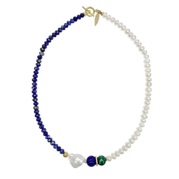 FARRA Necklace With Lapis Lazuli And Baroque Pearl - Blue/white