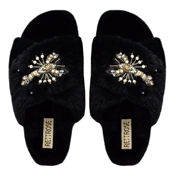 RETTROSE Anastasia Plush Diamanté Embellished Slipper - Black