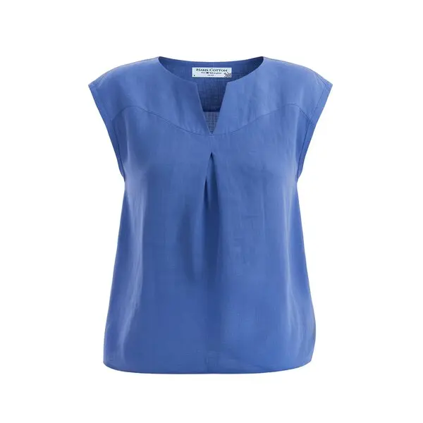 Haris Cotton Linen Short Sleeve Blouse With Front Pleat - Blue