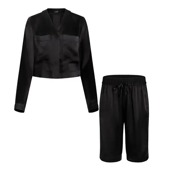 JE MÉRITE (I DESERVE) Silk Cropped Sleep Shirt & Tuxedo Short Set - Black