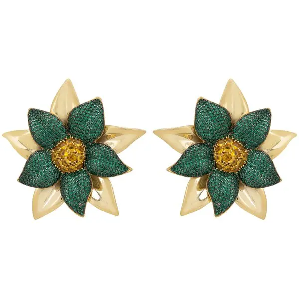 LATELITA London Marguerite Daisy Flower Stud Earrings With Emerald And Yellow Zirconia In 18ct Gold Plated Sterling Silver - Gold/yellow/green