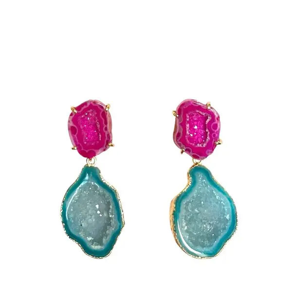 MAGPIE ROSE Pink & Green Agate Cocktail Drop Earrings - Green/pink