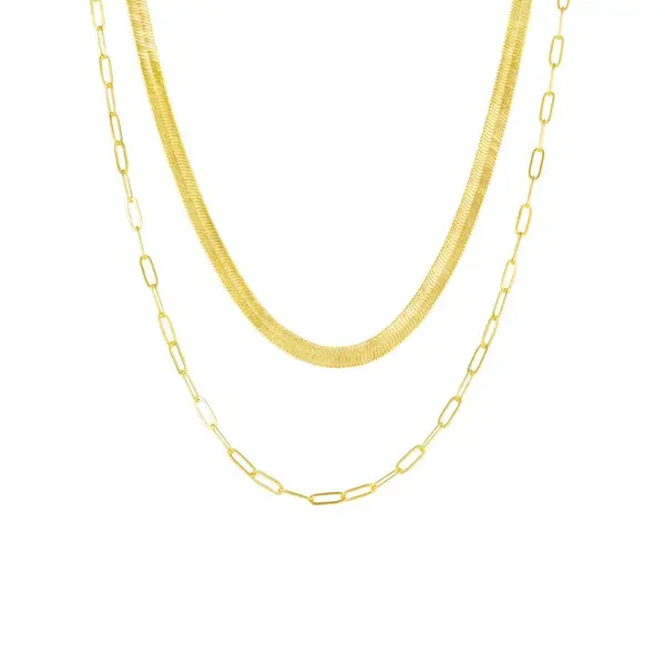 SPERO LONDON Herringbone And Rectangular Sterling Silver Necklace Layering Set - Gold
