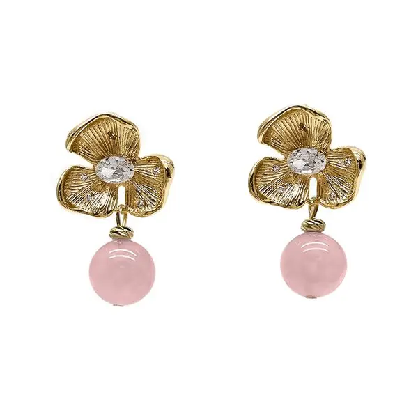 FARRA Floral Rose Quartz Dangle Stud Earrings - Pink