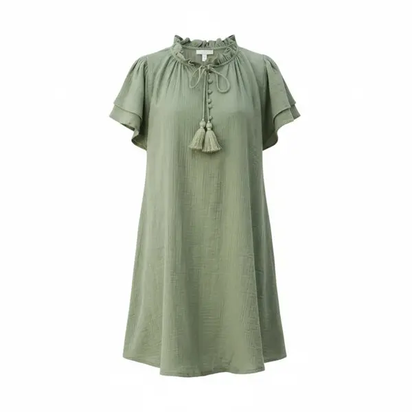 LA MANDARINE Beach Kaftan Coverup, Khaki Cotton Gauze - Green