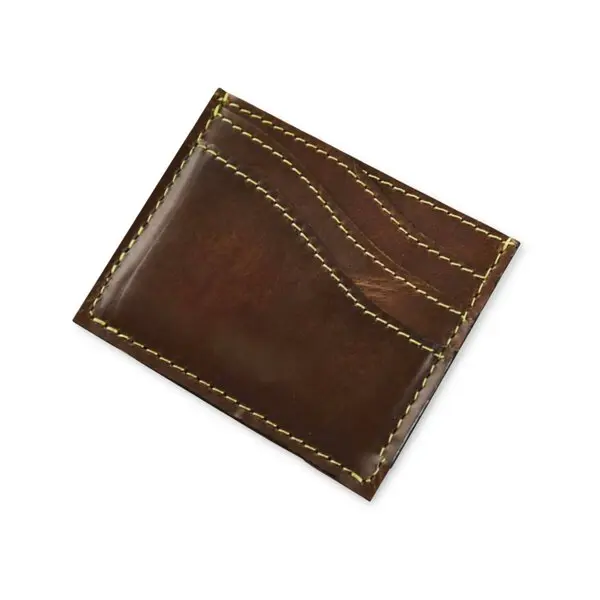 VIDA VIDA Tan Leather Wave Card Holder With Yellow Contrast Stitch - Brown