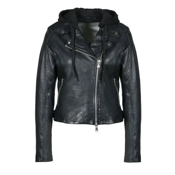 FREAKY NATION Leather Biker Jacket With Detachable Hood