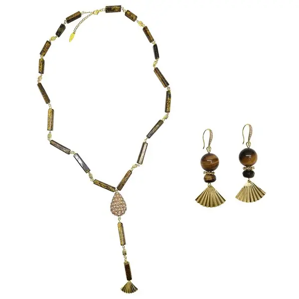 FARRA Tiger Eye And Rhinestone Lariat Jewelry Set - Brown