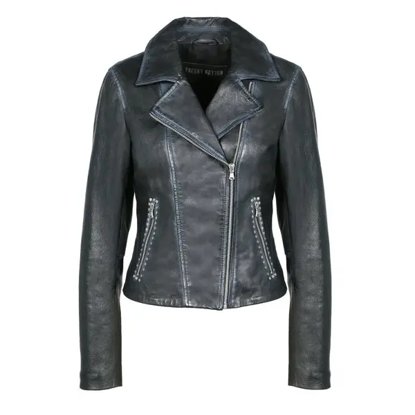 FREAKY NATION Rivet Leather Biker Jacket - Black