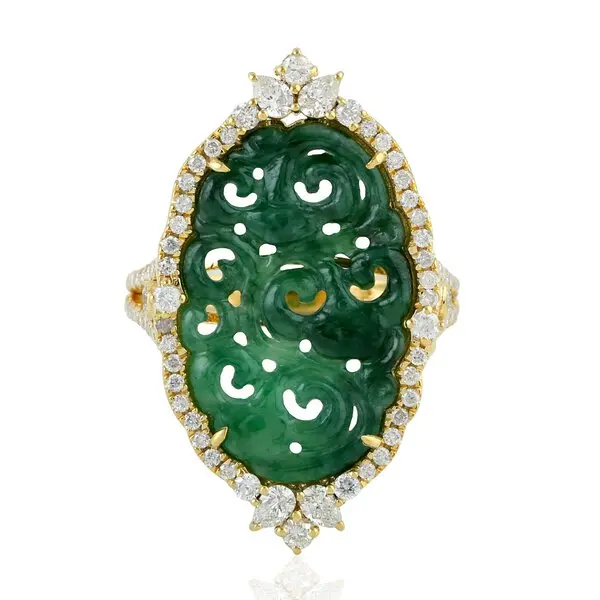 ARTISAN Carved Jade And Diamond Ring - Green/gold