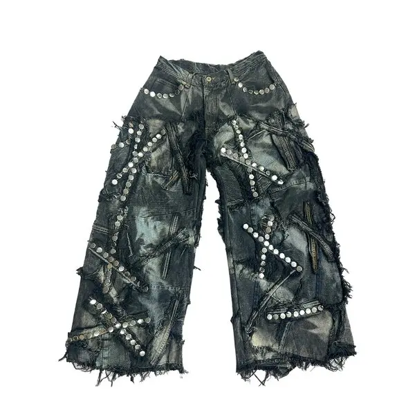 ZASTASTUDIO Shred Couture Studded Wide Leg Denim Pants