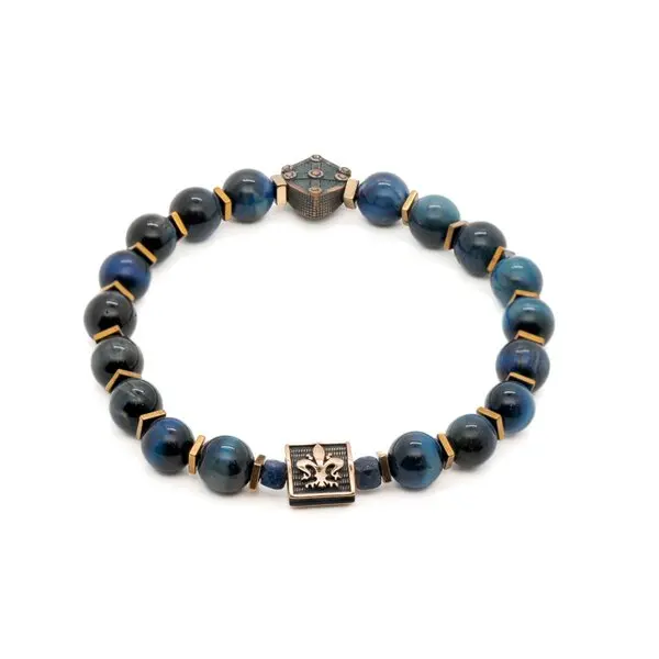 EBRU JEWELRY Tiger Eye Stone Shield Charm Beaded Bracelet - Gold/blue