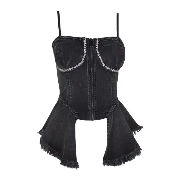 LALIPOP DESIGN Hand-stitched Crystal-embellished Denim Corset Top - Black