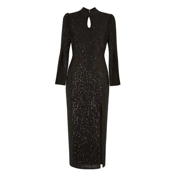 YUMI Sequin Fitted Midi Dress With Flute Sleeves - Black